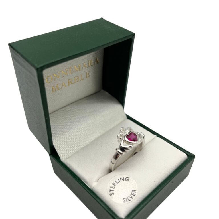 Ruby Red Silver Claddagh Ring - Connemara Marble